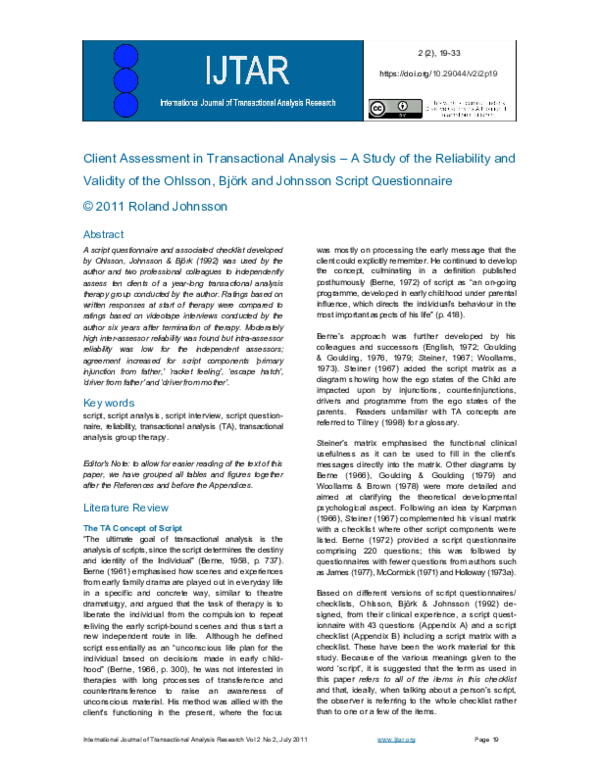 (PDF) Client Assessment in Transactional Analysis – A Study of the ...