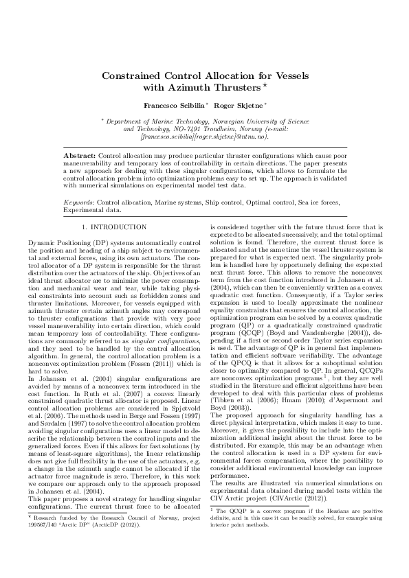 Pdf Constrained Control Allocation For Vessels With Azimuth Thrusters