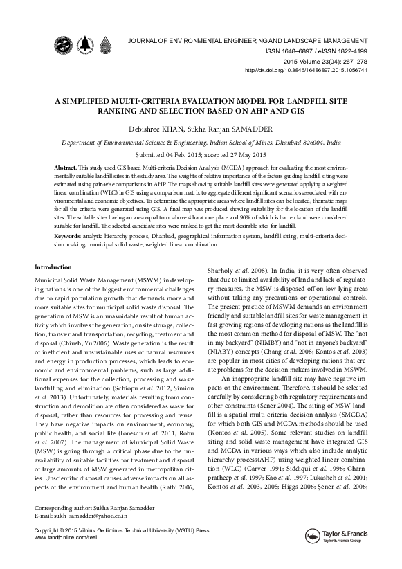 Pdf A Simplified Multi Criteria Evaluation Model For Landfill Site Ranking And Selection Based