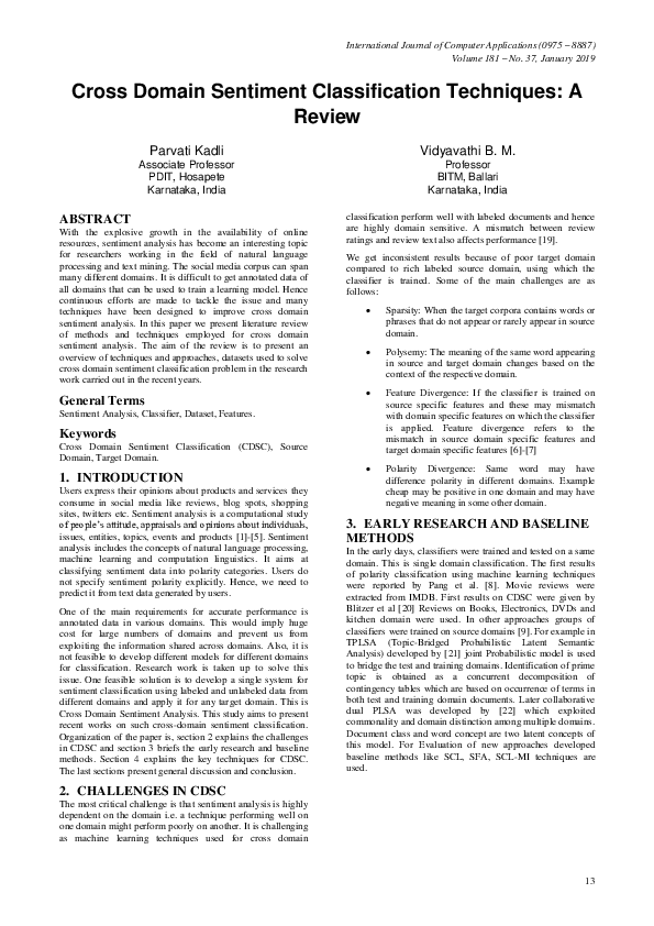 Pdf Cross Domain Sentiment Classification Techniques A Review