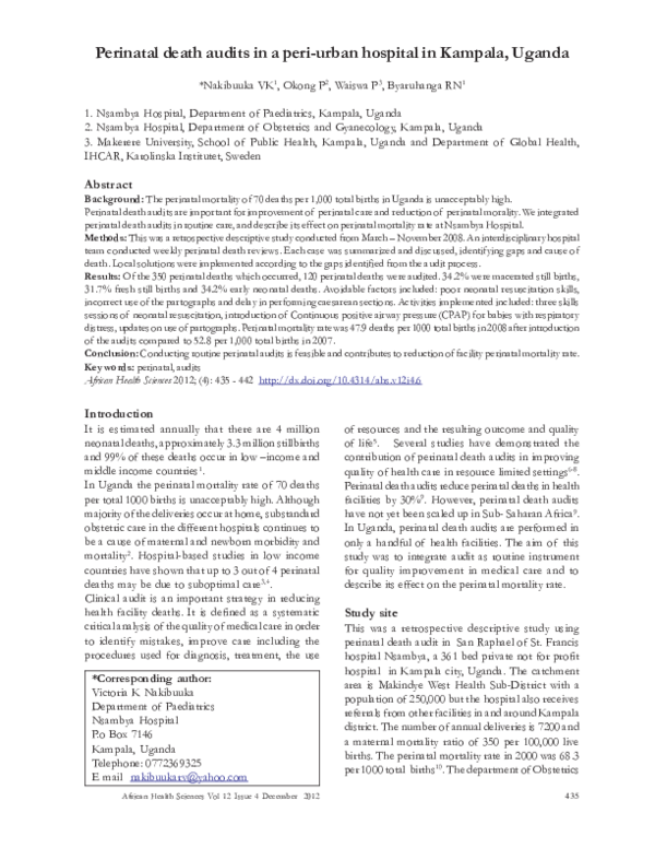 (PDF) perinatal death audits in peri urban hospital, Kampala, Uganda