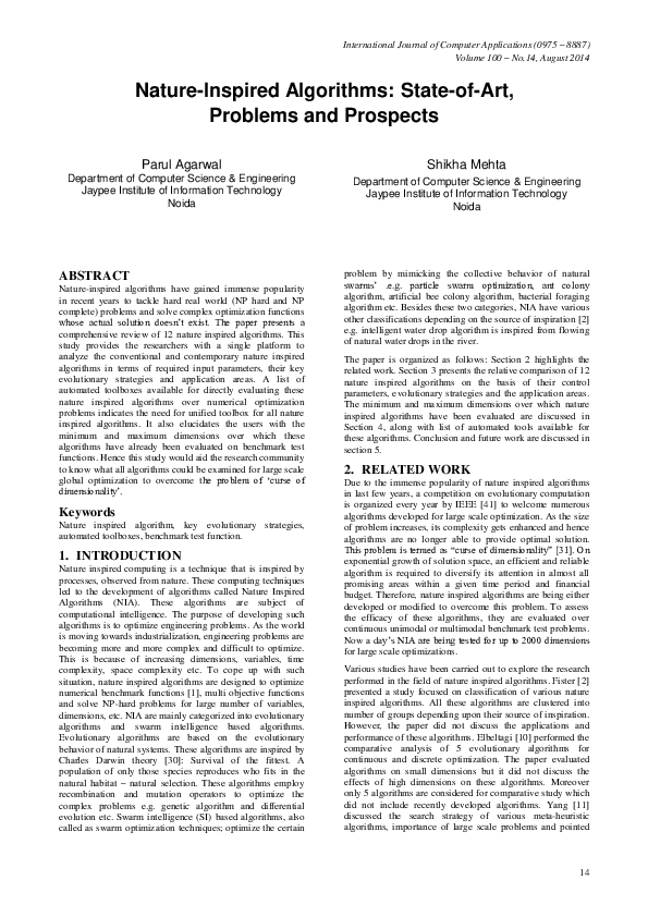 (PDF) Nature-Inspired Algorithms: State-of-Art, Problems and Prospects