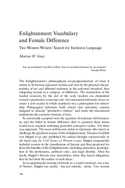 (PDF) Enlightenment Vocabulary and Female Difference: Two Women Writers ...