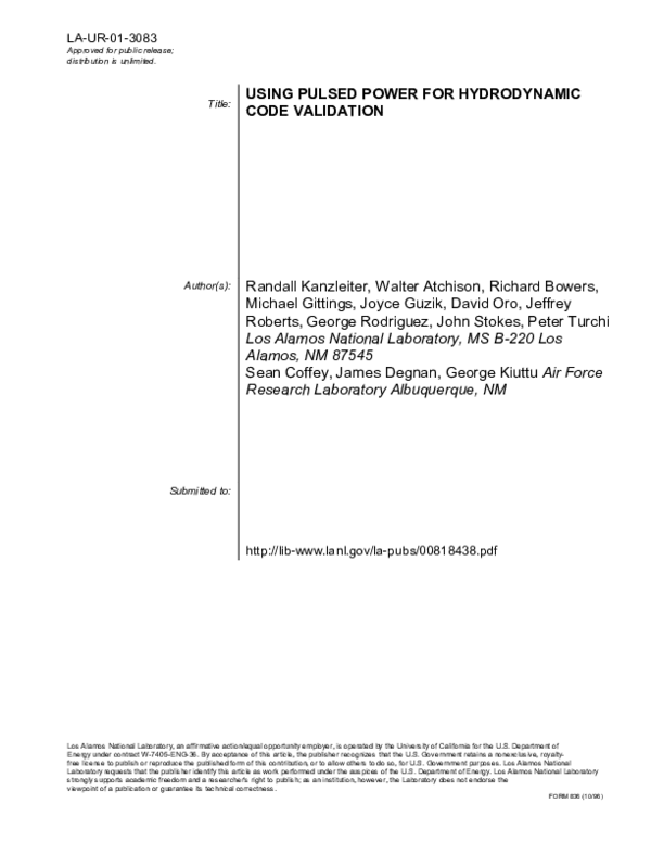 (PDF) Using pulsed power for hydrodynamic code validation
