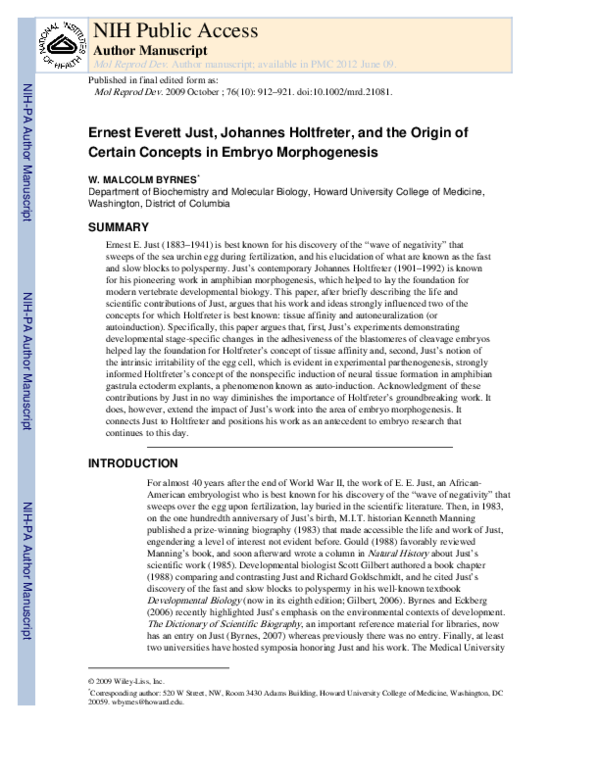 (PDF) Ernest Everett Just, Johannes Holtfreter, and the origin of ...