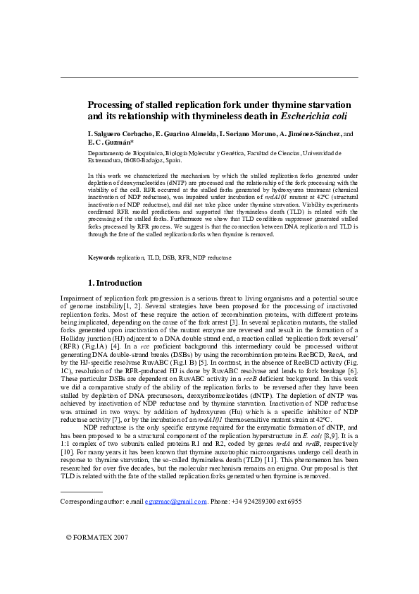 (PDF) Processing of stalled replication fork under thymine starvation ... (PDF) Processing of stalled replication fork under thymine starvation ...