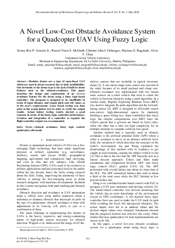 Pdf A Novel Low Cost Obstacle Avoidance System For A Quadcopter Uav Using Fuzzy Logic
