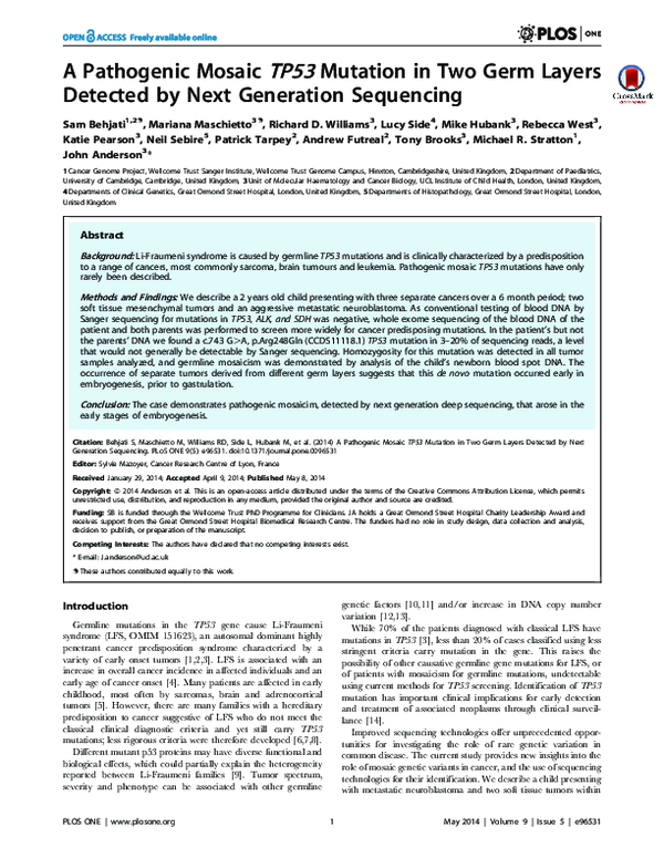 (PDF) A Pathogenic Mosaic TP53 Mutation in Two Germ Layers Detected by ...
