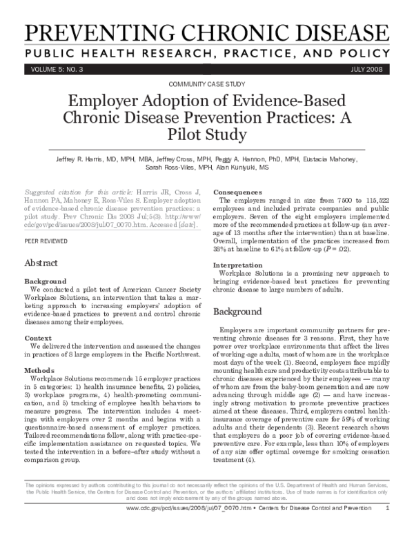 (PDF) Employer adoption of evidence-based chronic disease prevention ...