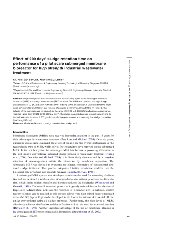 (PDF) Effect of 200 days' sludge retention time on performance of a ...