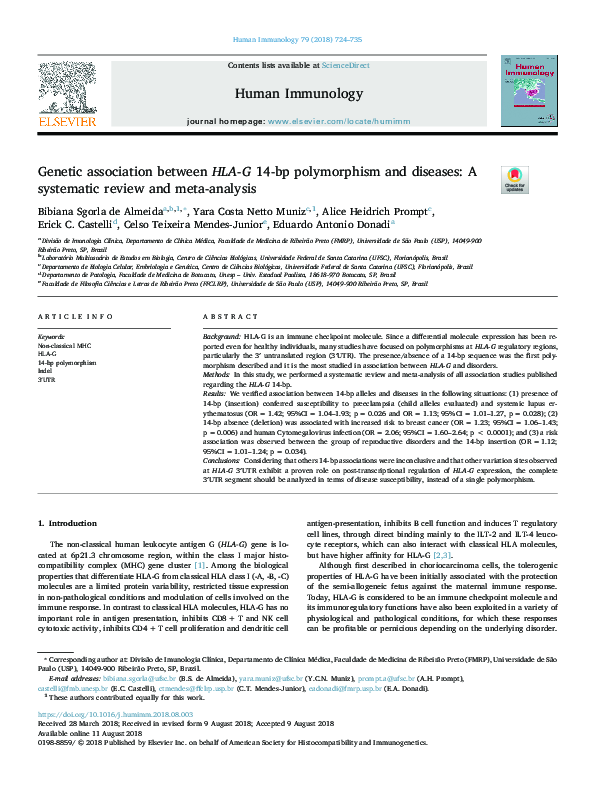 (PDF) Genetic association between HLA-G 14-bp polymorphism and diseases: A systematic review and ...