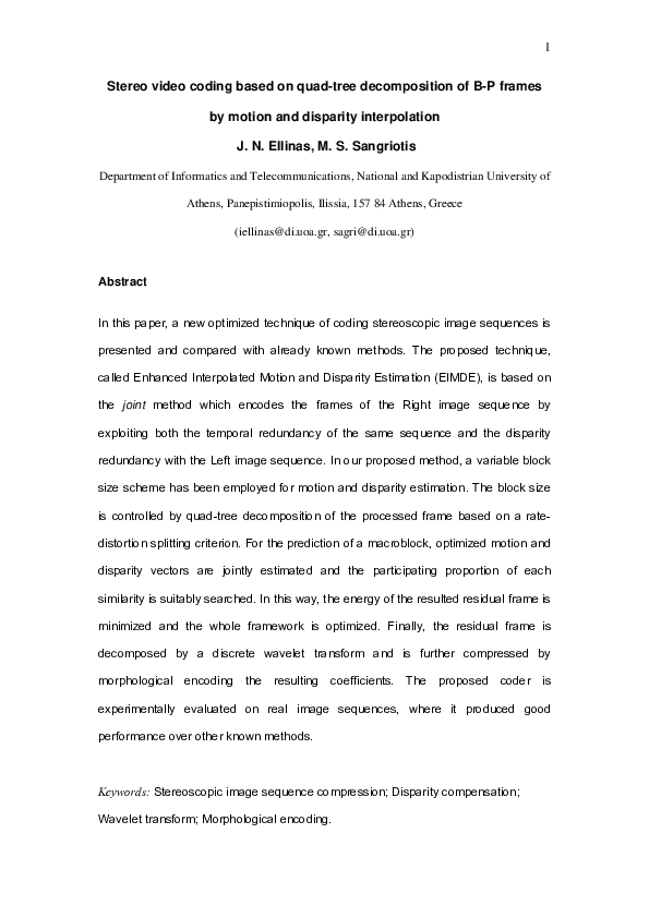Pdf Stereo Video Coding Based On Quad Tree Decomposition Of Bp Frames By Motion And Disparity