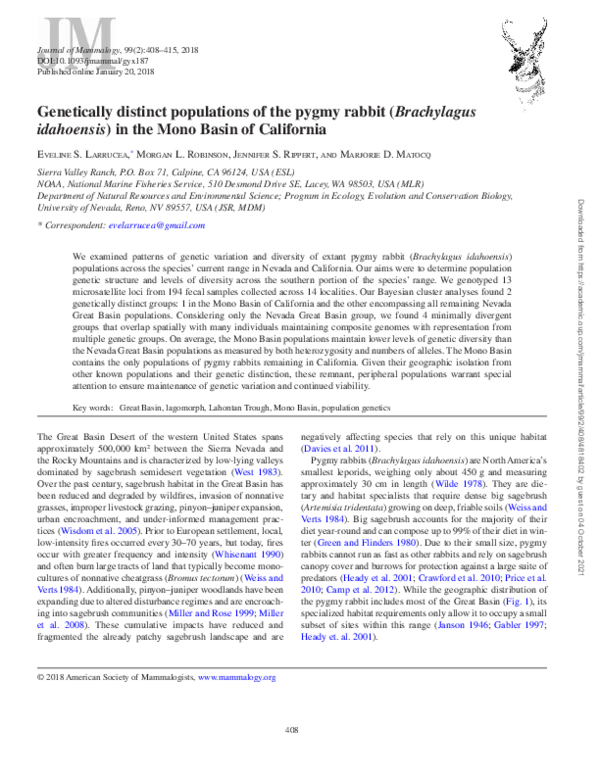 (PDF) Genetically distinct populations of the pygmy rabbit (Brachylagus ...