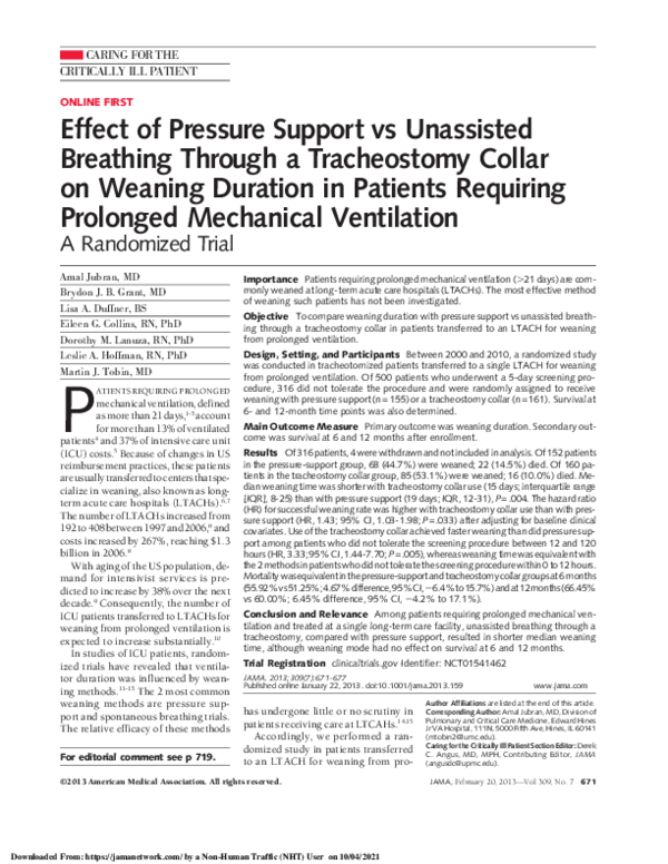 (PDF) Effect of Pressure Support vs Unassisted Breathing Through a ...