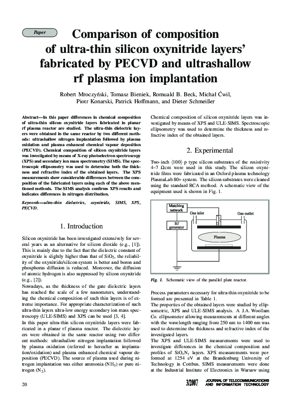 (PDF) Comparison of Composition of Ultra-Thin Silicon Oxynitride Layers' Fabricated by PECVD and ...