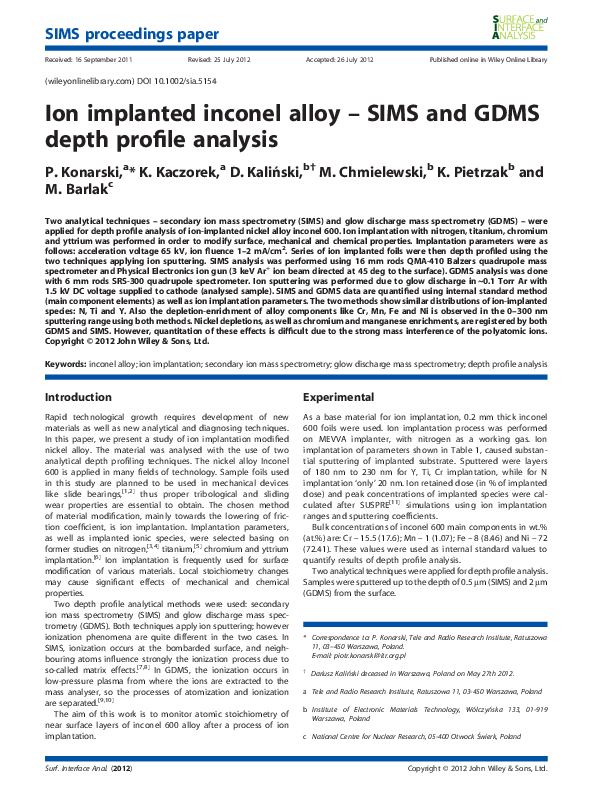 (PDF) Ion implanted inconel alloy - SIMS and GDMS depth profile analysis