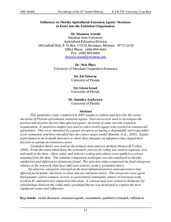 (PDF) Influences on Florida Agricultural Extension Agents' Decisions to ...