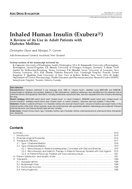 (PDF) Inhaled Human Insulin (Exubera??) | Monique Curran - Academia.edu