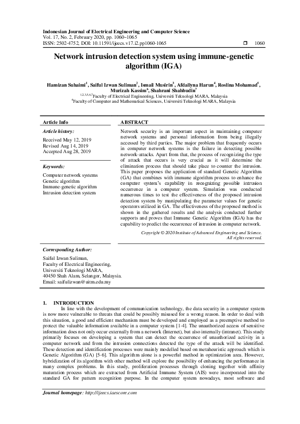 (PDF) Network intrusion detection system using immune-genetic algorithm (IGA)