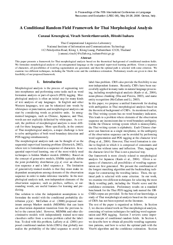 (PDF) A conditional random field framework for thai morphological analysis