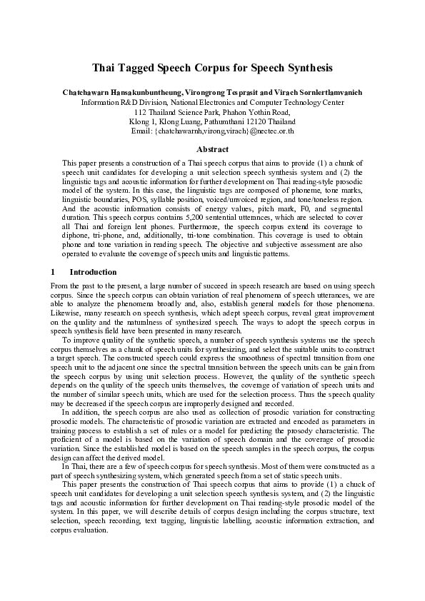 (PDF) Thai tagged speech corpus for speech synthesis