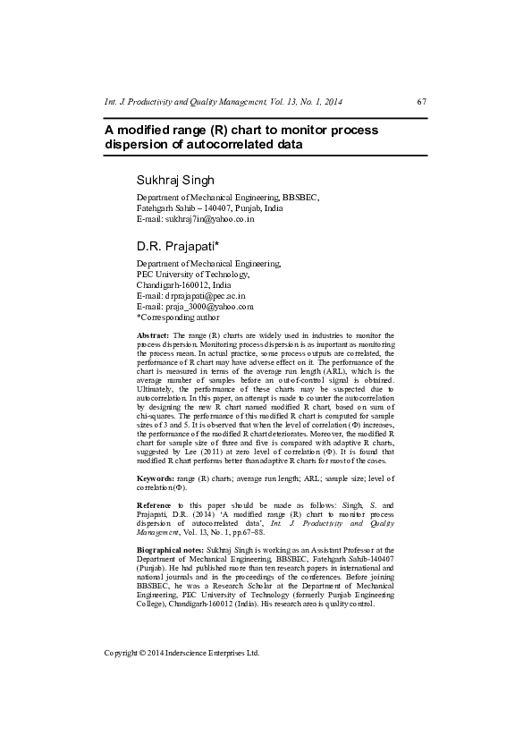 (PDF) A modified range (R) chart to monitor process dispersion of autocorrelated data