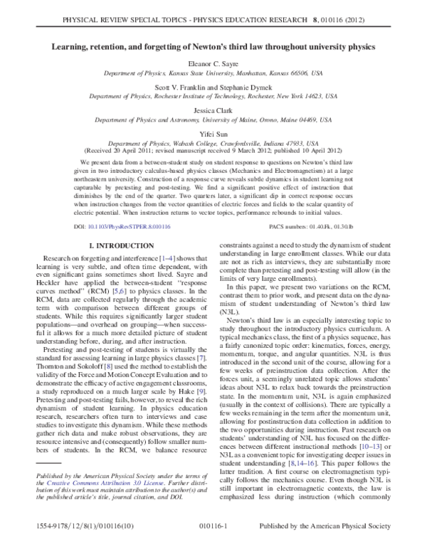 (PDF) Dynamics of Learning Newton's Third Law in University Physics