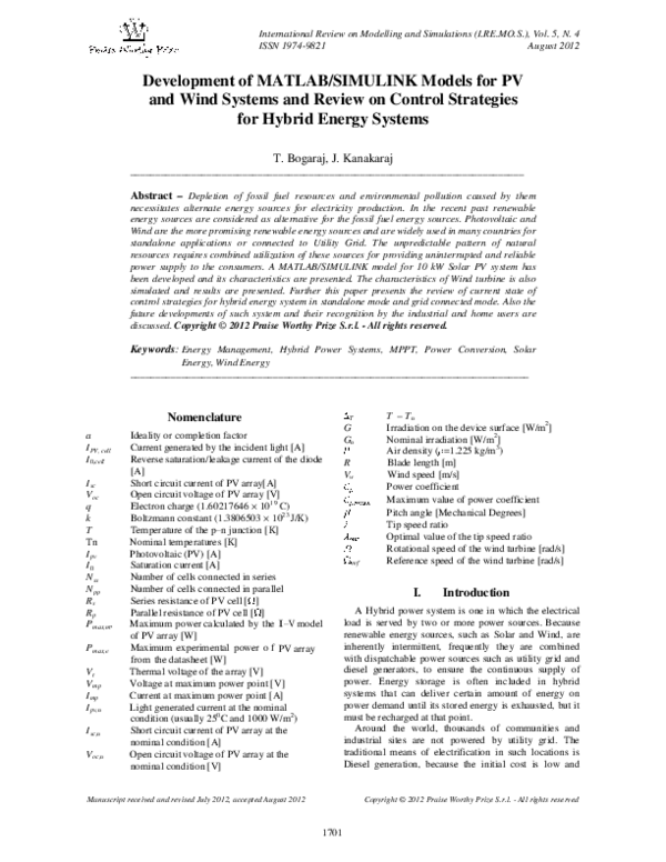 (PDF) Development of MATLAB/SIMULINK Models for PV and Wind Systems and Review on Control ...