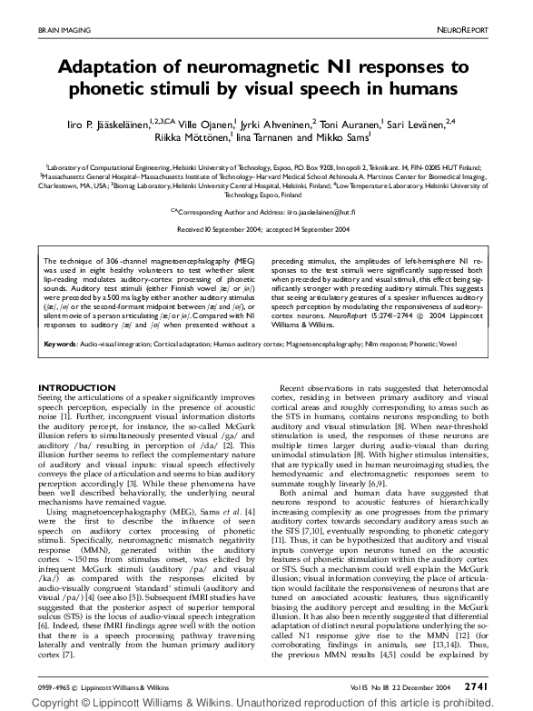 (PDF) Adaptation of neuromagnetic N1 responses to phonetic stimuli by ...