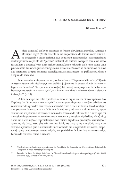 Pdf Por Uma Sociologia Da Leitura