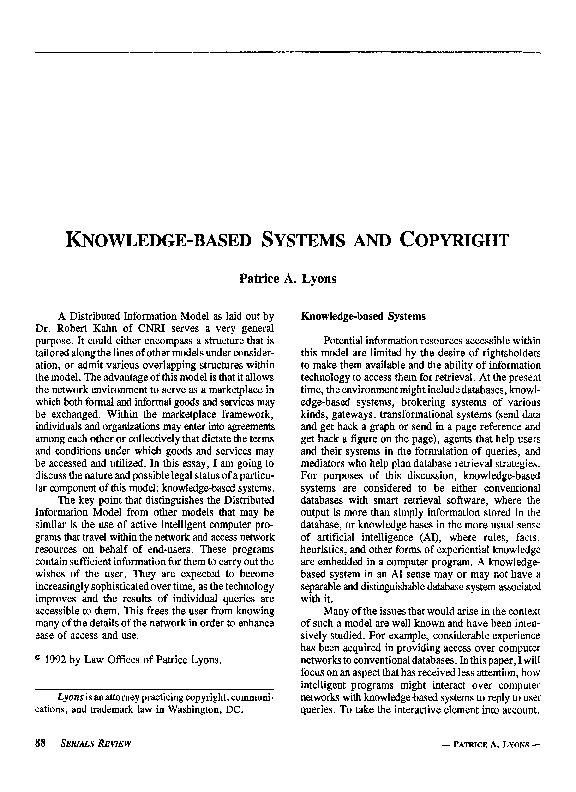 (PDF) Knowledge-based systems and copyright