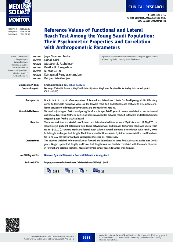 (PDF) Reference Values of Functional and Lateral Reach Test Among the ...