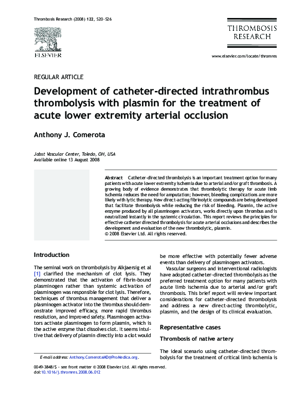(PDF) Development of catheter-directed intrathrombus thrombolysis with plasmin for the treatment ...