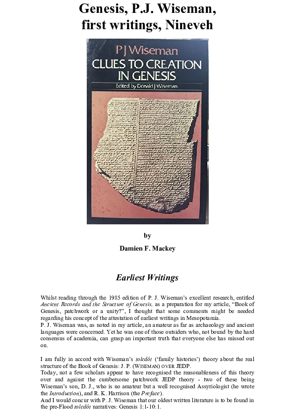 (DOC) Genesis, P.J. Wiseman, first writings, Nineveh