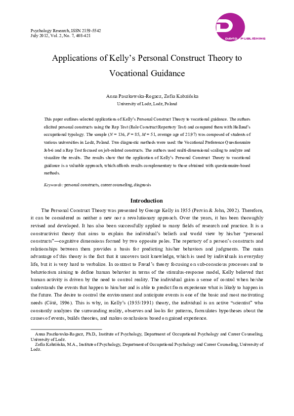 (PDF) Applications of Kelly’s Personal Construct Theory to Vocational ...
