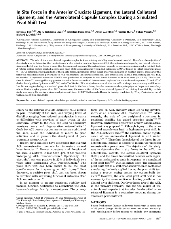 (PDF) In situ force in the anterior cruciate ligament, the lateral ...