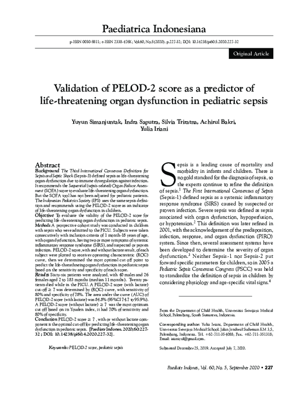 (PDF) Validation of PELOD-2 score as a predictor of life-threatening ...