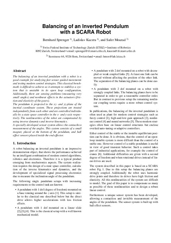 (PDF) Balancing of an inverted pendulum with a SCARA robot