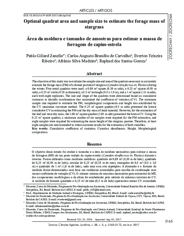 (PDF) Optimal quadrat area and sample size to estimate the forage mass ...