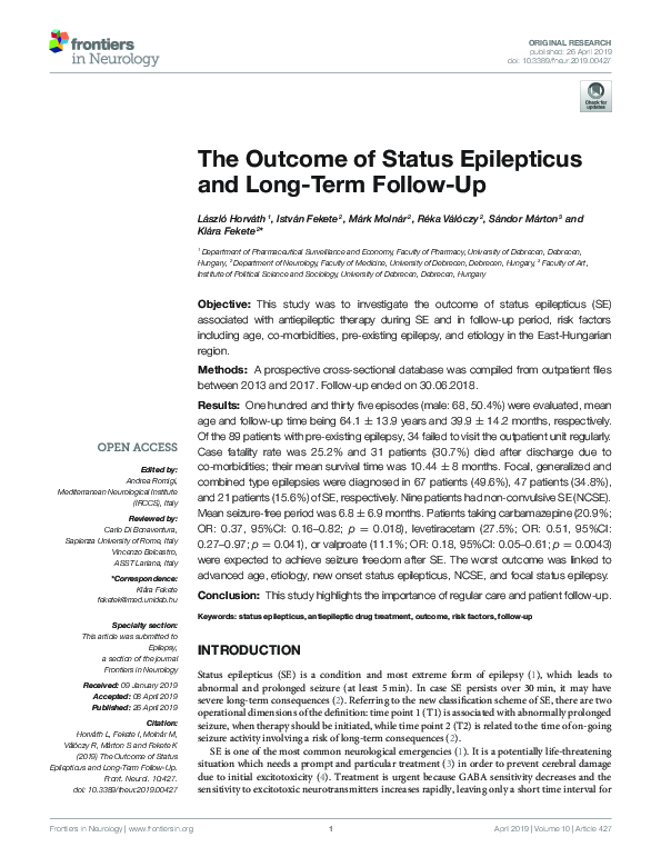 (PDF) The Outcome of Status Epilepticus and Long-Term Follow-Up