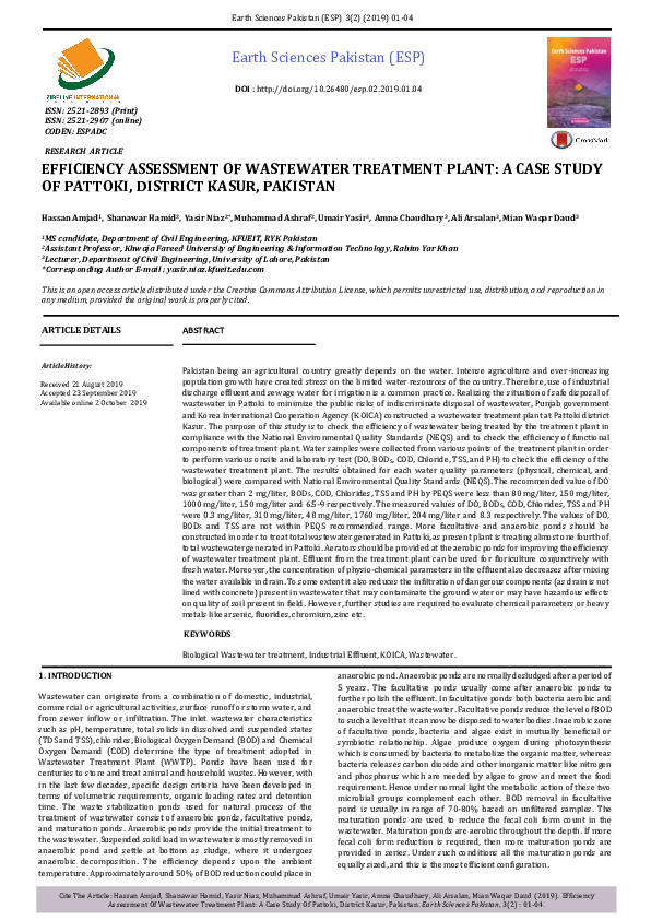 (PDF) Efficiency Assessment of Wastewater Treatment Plant: A Case Study ...