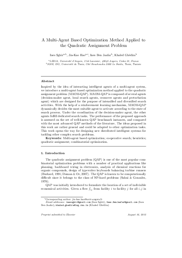 (PDF) A multi-agent based optimization method applied to the quadratic assignment problem