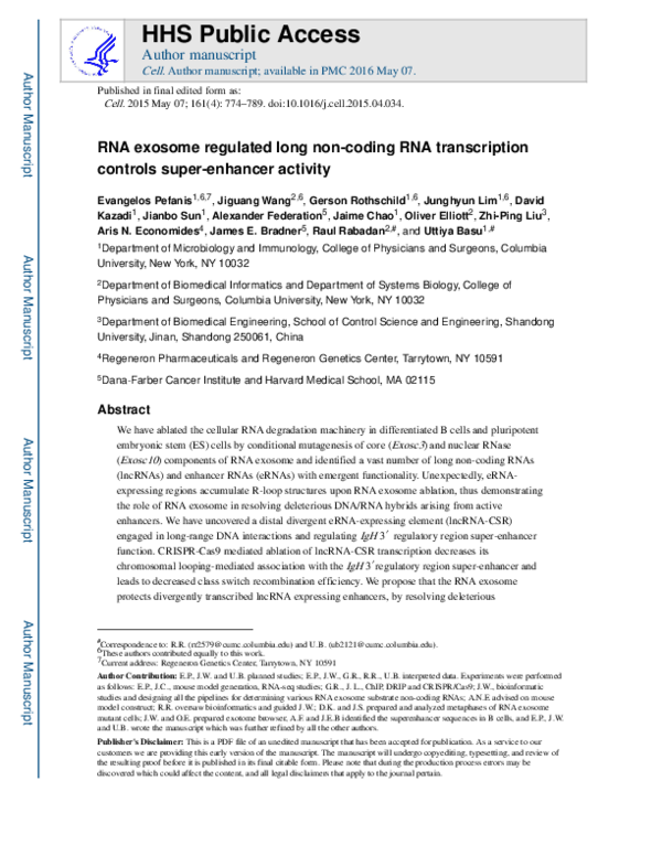 (PDF) RNA exosome-regulated long non-coding RNA transcription controls super-enhancer activity
