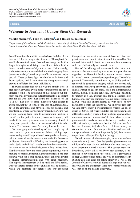 (PDF) Welcome to Journal of Cancer Stem Cell Research