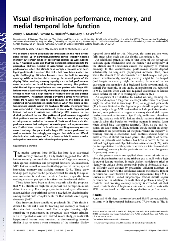 (PDF) Visual discrimination performance, memory, and medial temporal lobe function