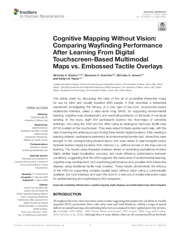 (PDF) Cognitive Mapping Without Vision: Comparing Wayfinding Performance After Learning From ...