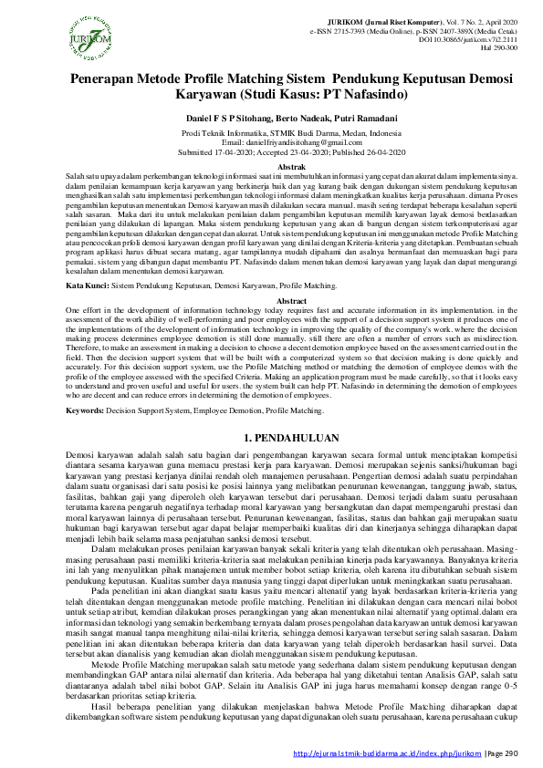 (PDF) Penerapan Metode Profile Matching Sistem Pendukung Keputusan ...