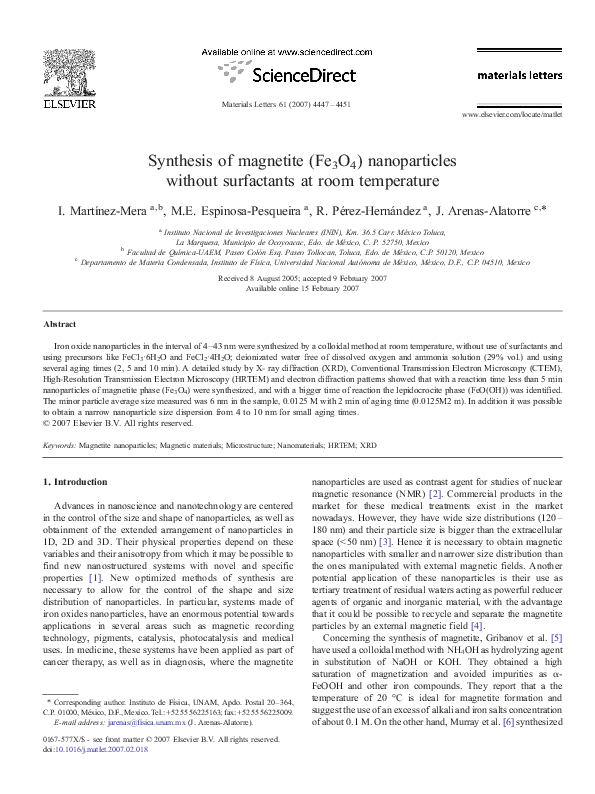 (PDF) Synthesis of magnetite (Fe3O4) nanoparticles without surfactants ...