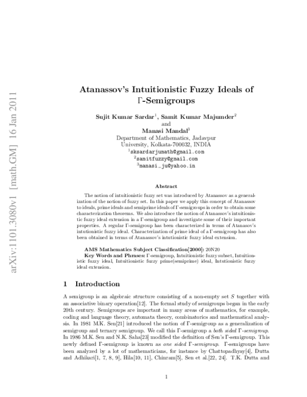 (PDF) Atanassov's Intuitionistic Fuzzy Ideals of Gamma Semigroups