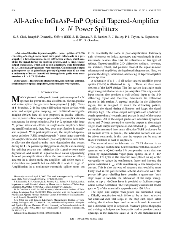 (PDF) All-active InGaAsP-InP optical tapered-amplifier 1 x N power splitters | William Goodhue ...